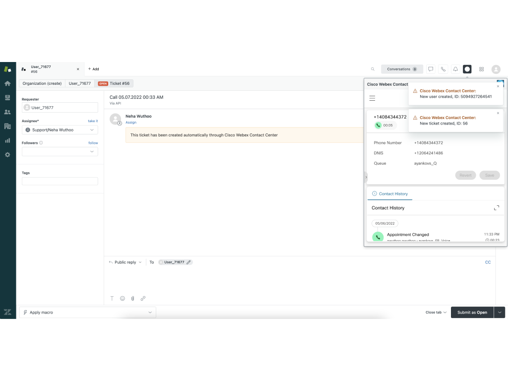 Webex Contact Center App Integration with Zendesk Support